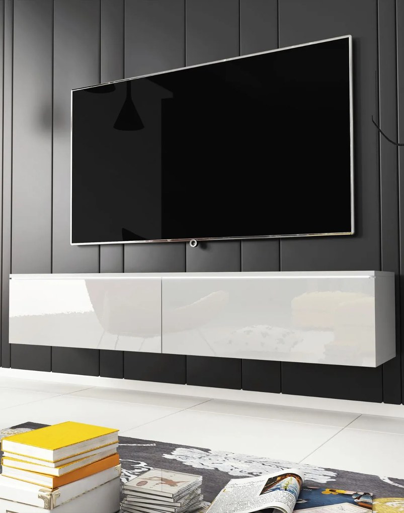 TV stolek 140 cm závěsný nebo stojící bílý lesk Lowboard D