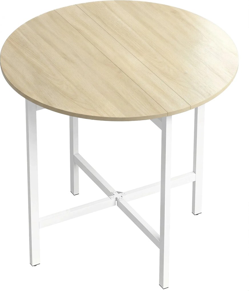 HOMCOM skládací kulatý jídelní stůl pro 2–4 osoby, úspora místa, sklopné desky, ocelový rám, dekor dřeva/bílá, 80 x 76 cm
