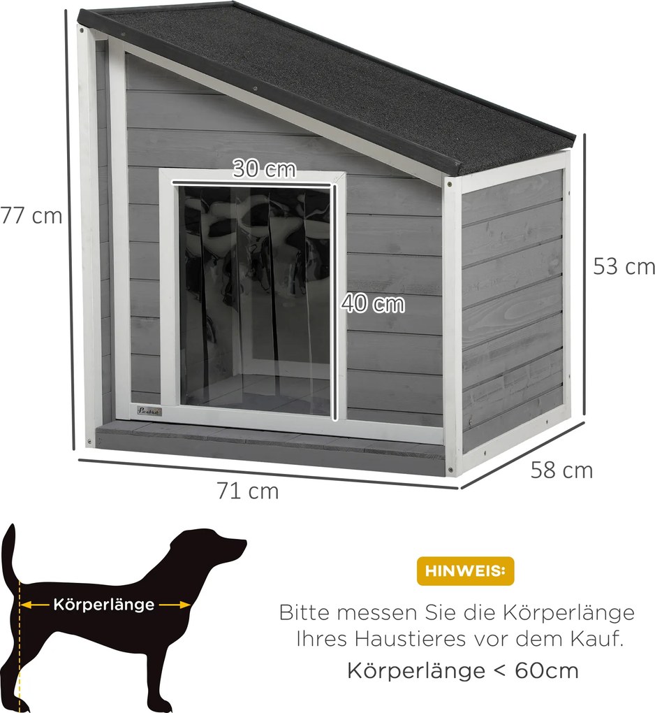 Psí bouda PawHut z jedlového dřeva s asfaltovou střechou a dveřním závěsem šedá 71x58x53/77cm pro malé psy | Aosom.de