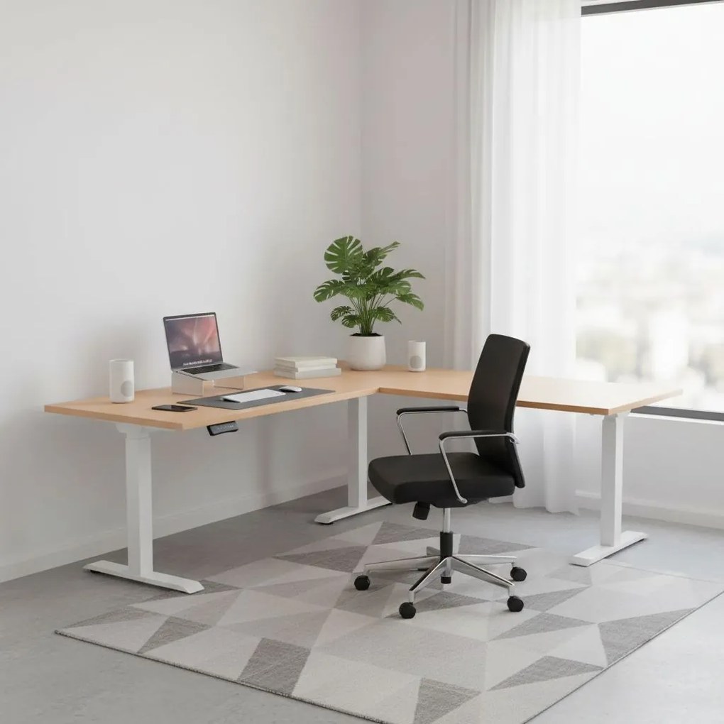 Výškově nastavitelný stůl OfficeTech Angle, 180 x 200 cm, bílá podnož, buk