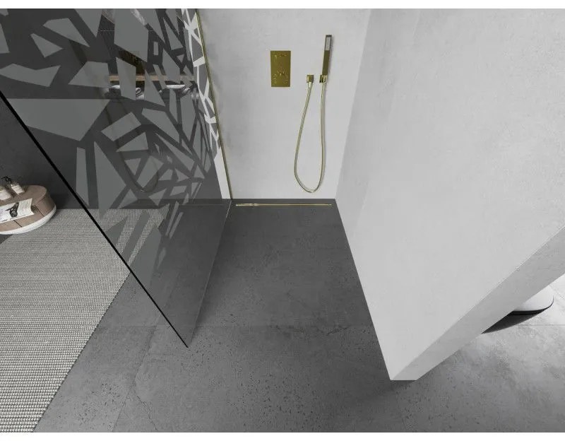 Mexen Kioto L, sprchová zástěna Walk-In 100 x 200 cm, 8mm čiré sklo bílý vzor, zlatý matný profil, 800-100-103-55-85