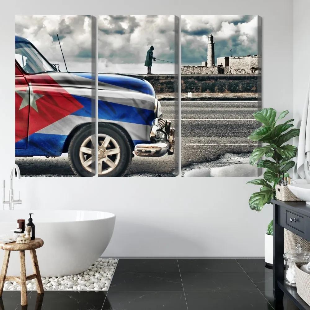 Vícedílný obraz Auto S Kubánskou Vlajkou V Ulicích Havany Nedostatek Nedostatek Plátno Canvas 60x40