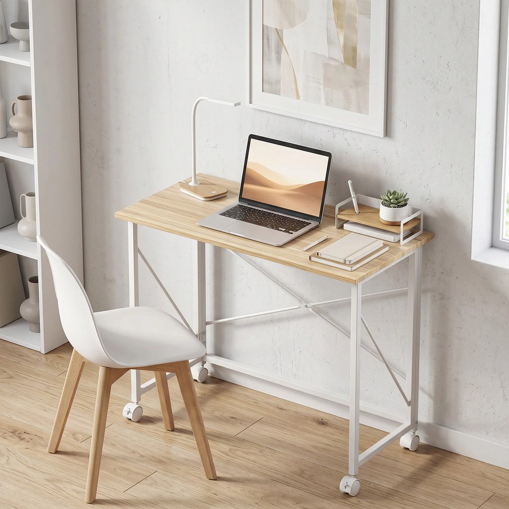 HOMCOM Skládací stůl na kolečkách Kompaktní počítačový stůl, Stolek na laptop pro domácí kancelář do malých prostor 80x40x75 cm Přirozený