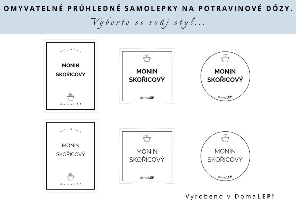 MONIN SKOŘICOVÝ - omyvatelná samolepka na dózu, výběr rozměrů Ø 5 cm / 5 x 5 cm / 6 x 8 cm | DomaLEP tvar: OBDÉLNÍK, barva: PRŮHLEDNÁ - ČERNÉ písmo, velikost: š. 6 cm x v. 8 cm – základní písmo