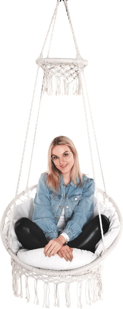 Závěsné houpací křeslo s třásněmi, bílá, DELUS