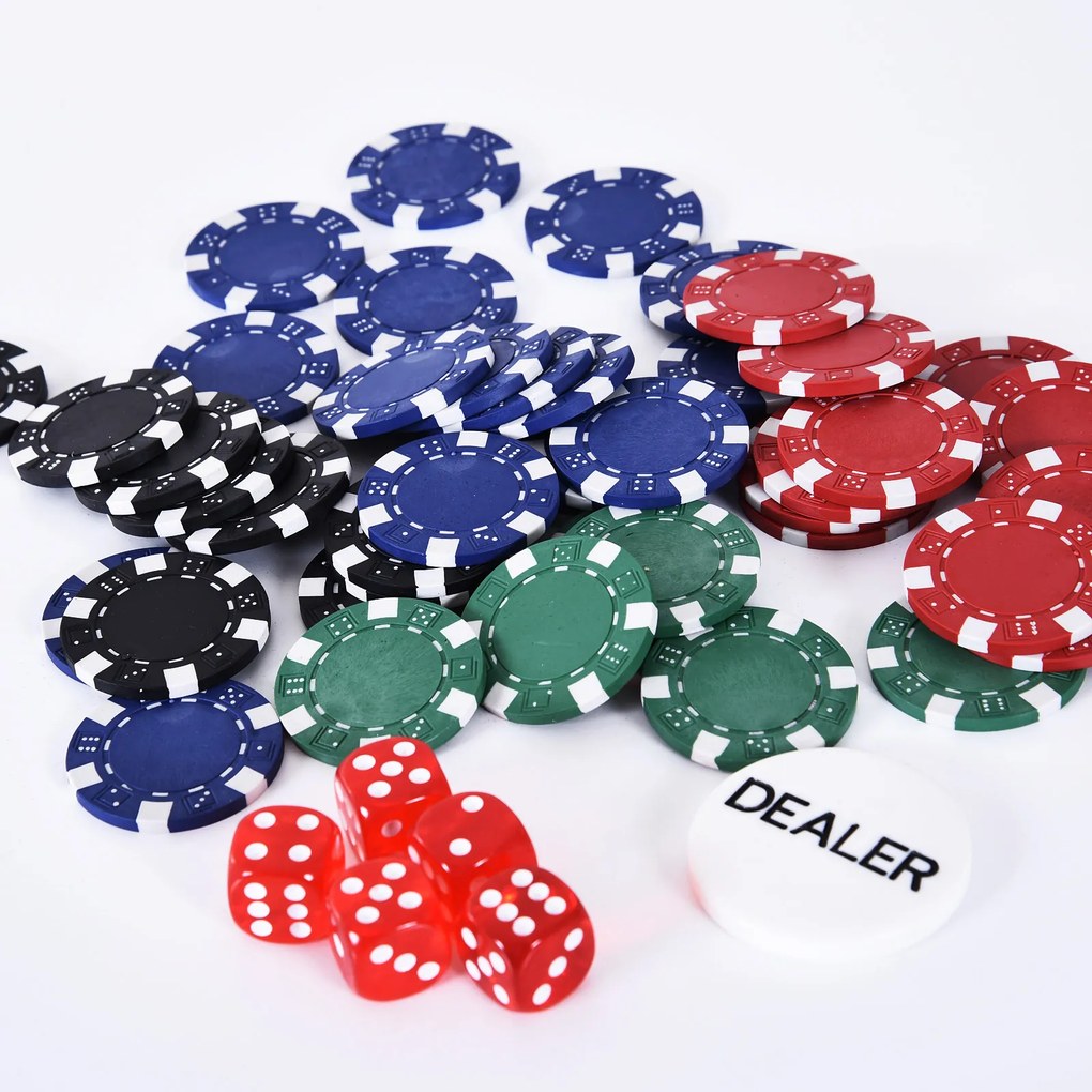 Pokerový kufřík HOMCOM s 200 žetony, 2 balíčky karet a 5 kostkami v hliníkovém kufříku, 29,5x20,5x6,5 cm, ideální pro herní večery
