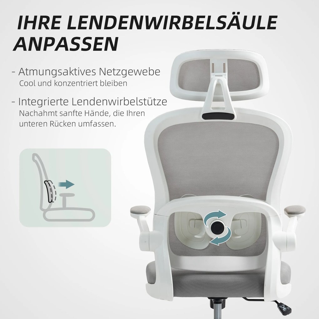 HOMCOM Ergonomická kancelářská židle s opěrkou zad z síťoviny, výškově nastavitelná, sklápěcí loketní opěrky, 5 koleček, houpací funkce, šedá