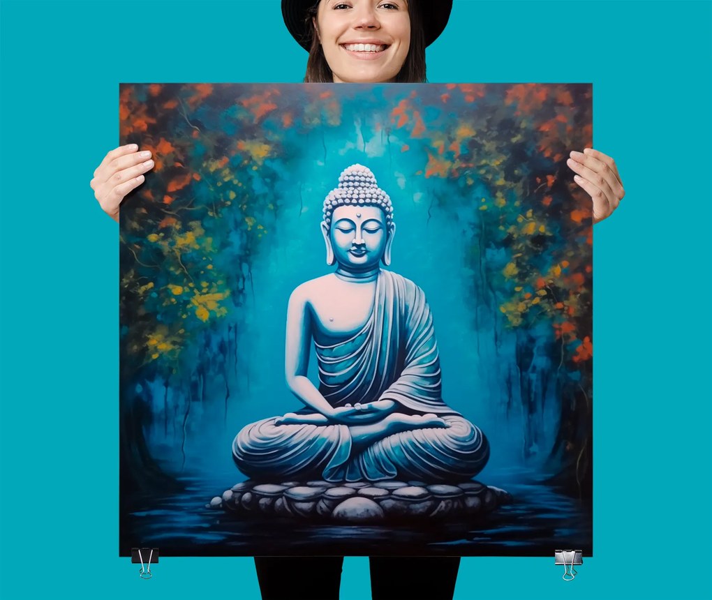 Plakát - Sedící buddha na kamenném ostrůvku FeelHappy.cz Velikost plakátu: 100 x 100 cm