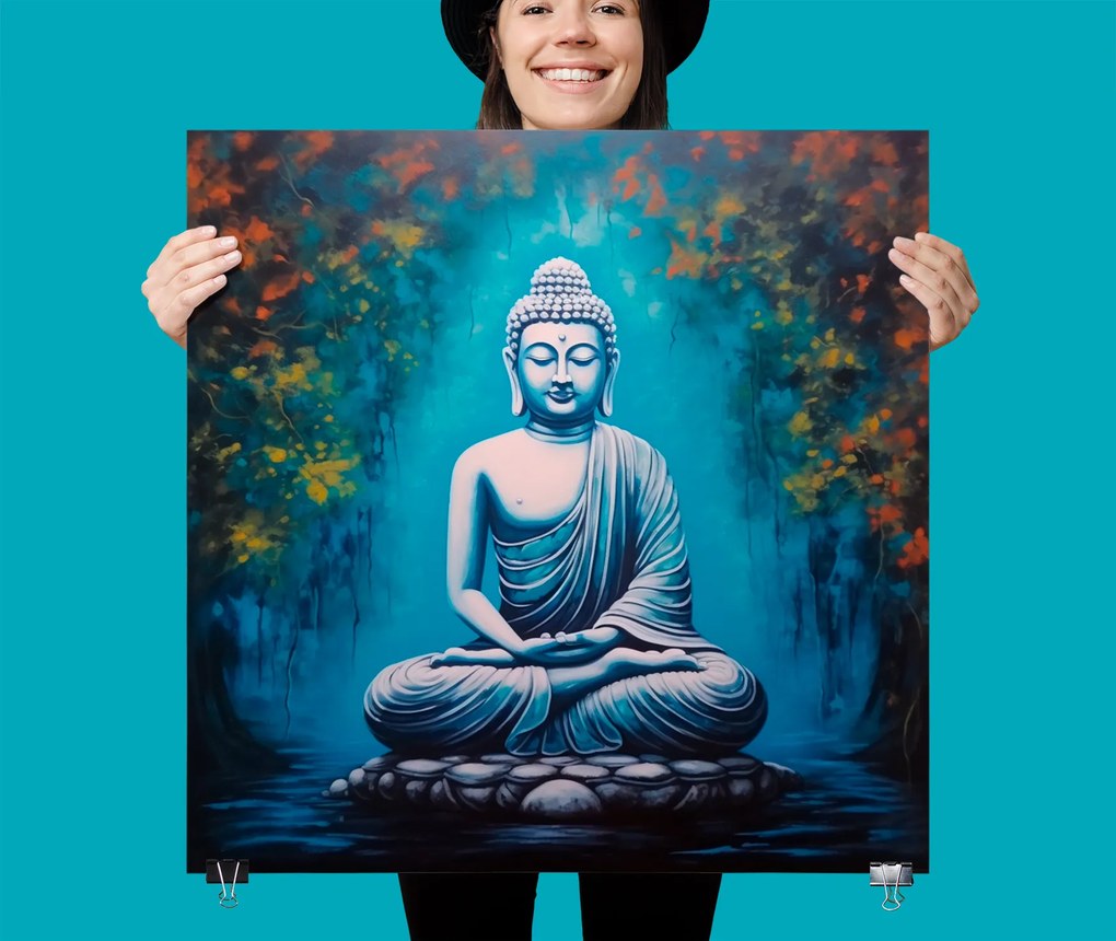 Plakát - Sedící buddha na kamenném ostrůvku FeelHappy.cz Velikost plakátu: 120 x 120 cm