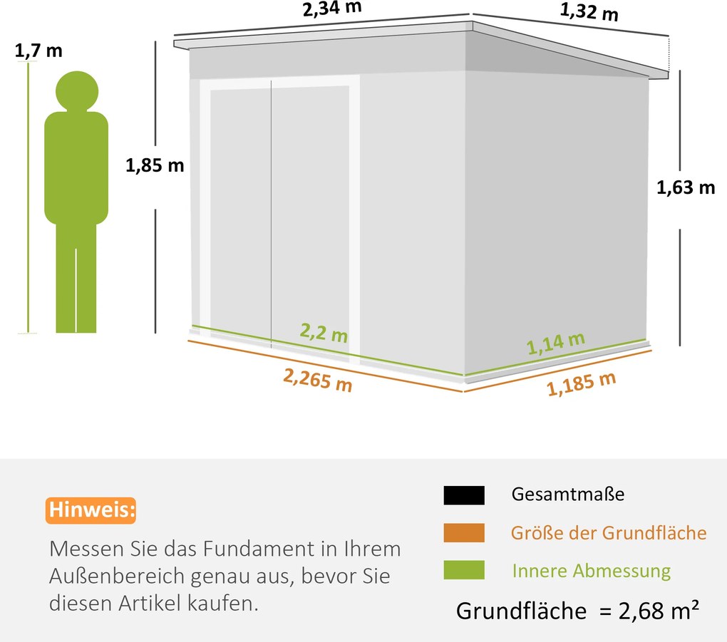Outsunny plechový zahradní domek 2,68 m² – zamykatelný, 3 dveře, větraný, pultová střecha, rukavice v balení (234 × 132 × 185 cm)