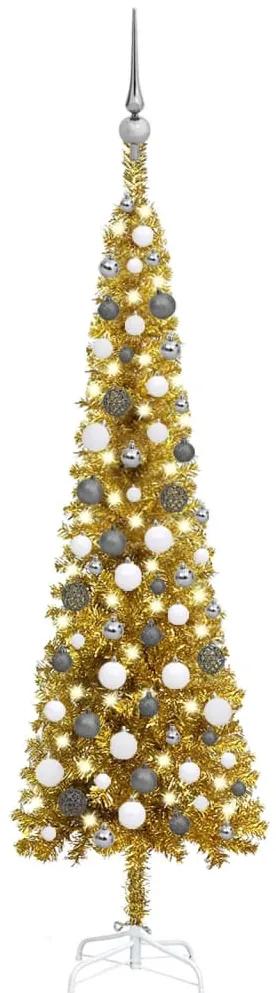 3078127 vidaXL Úzký vánoční stromek s LED diodami a sadou koulí zlatý 150 cm