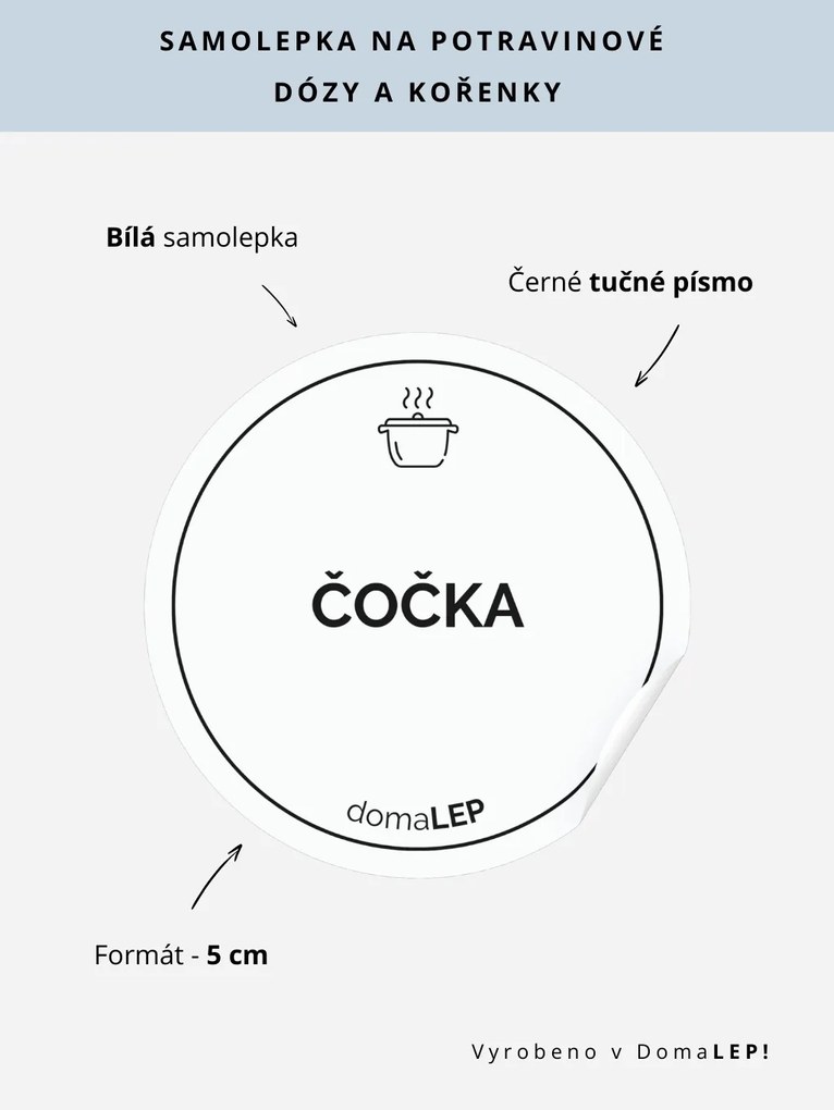 ČOČKA ČERVENÁ – bílá samolepka na dózu, tučné písmo, 5 cm | DomaLEP