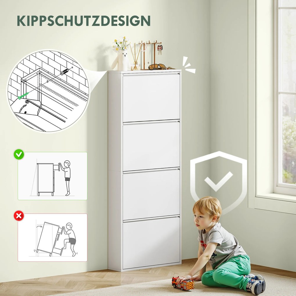 HOMCOM Kovový botník se 4 sklápěcími dvířky, úzký botník pro 8 párů bot 55 x 15 x 139,5 cm Bílý