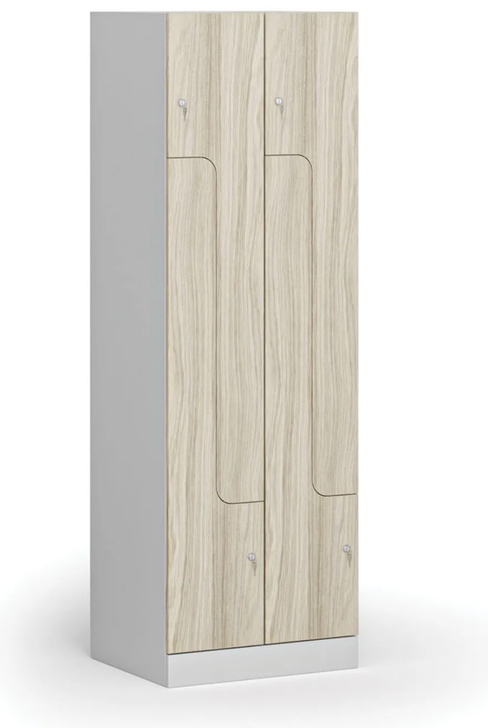 Kovová šatní skříňka S1 Z, 4 oddíly, 1850 x 600 x 500 mm, demont, cylindrický zámek, laminované dveře, dub přírodní