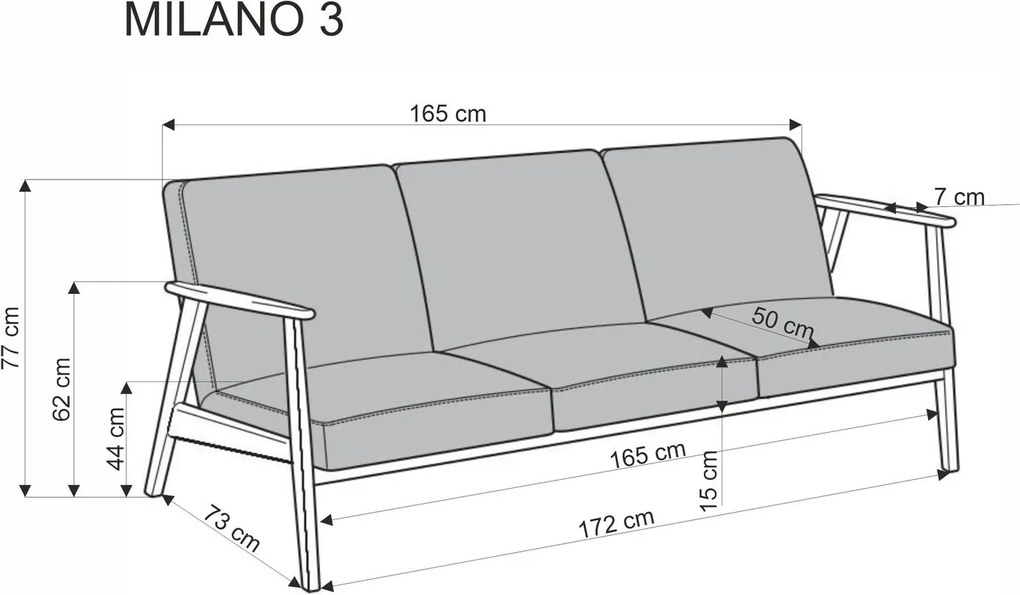 Třímístná pohovka z masivu MILANO 175 cm popelavě šedá/ořech