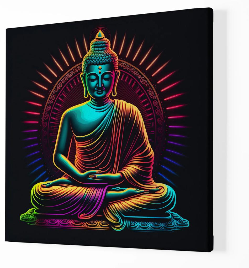 Obraz na plátně - Barevný neonový Buddha FeelHappy.cz Velikost obrazu: 100 x 100 cm