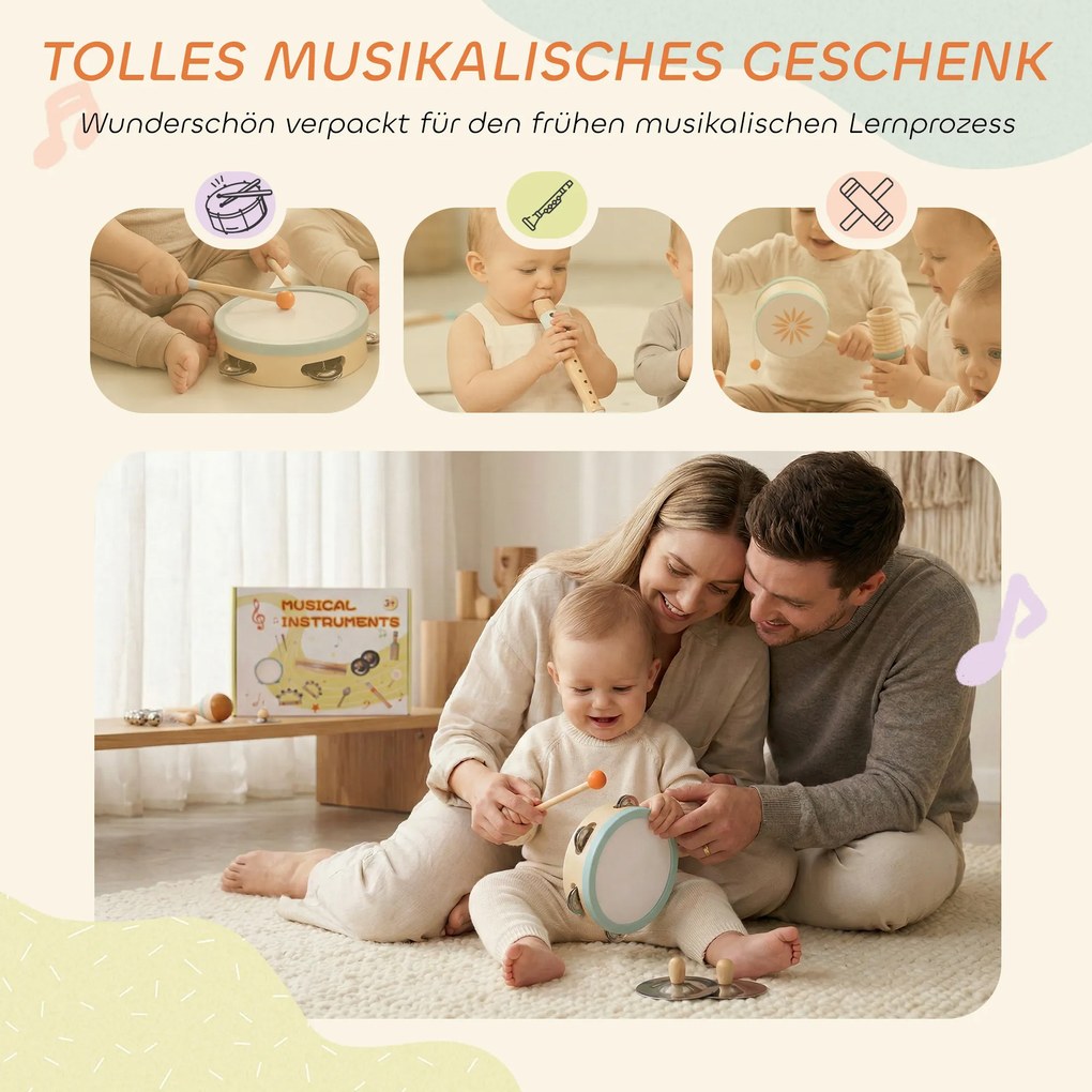 AIYAPLAY dětská sada hudebních nástrojů, 10-dílná Montessori sada nástrojů s tamburínou, chrastítky, bubnem, činely, flétnou