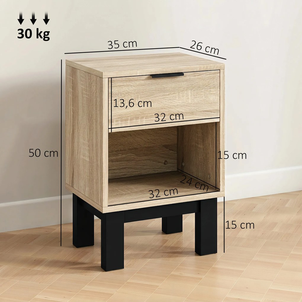 HOMCOM Noční stolek, noční skříňka se zásuvkou, otevřená přihrádka, noční komoda do ložnice, obývacího pokoje, 35 x 26 x 50 cm, dub