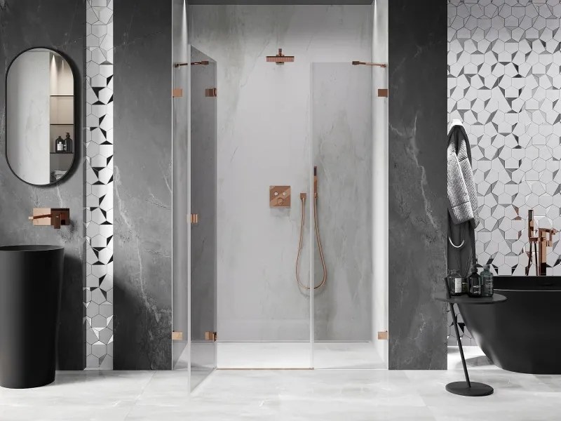 Mexen Lunar, levé otočné sprchové dveře 145 cm, 8mm čiré sklo, růžové zlato profil, 834S-145-050-60-00-L