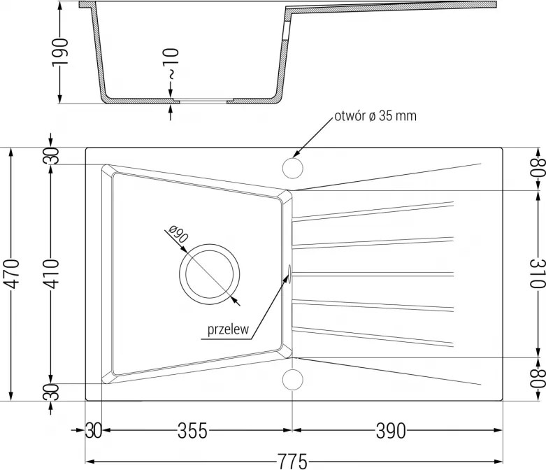 Mexen Cesar, granitový dřez 775x470x190 mm, 1-komorový, černá-zlatá metalíza s černým sifonem, 6514771010-75-B