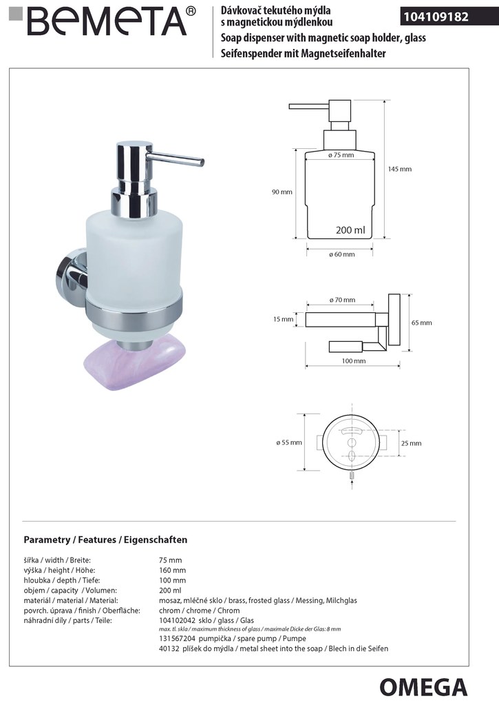 Bemeta Design OMEGA: Dávkovač mýdla, 200 ml, s magnetickou mýdlenkou - 104109182
