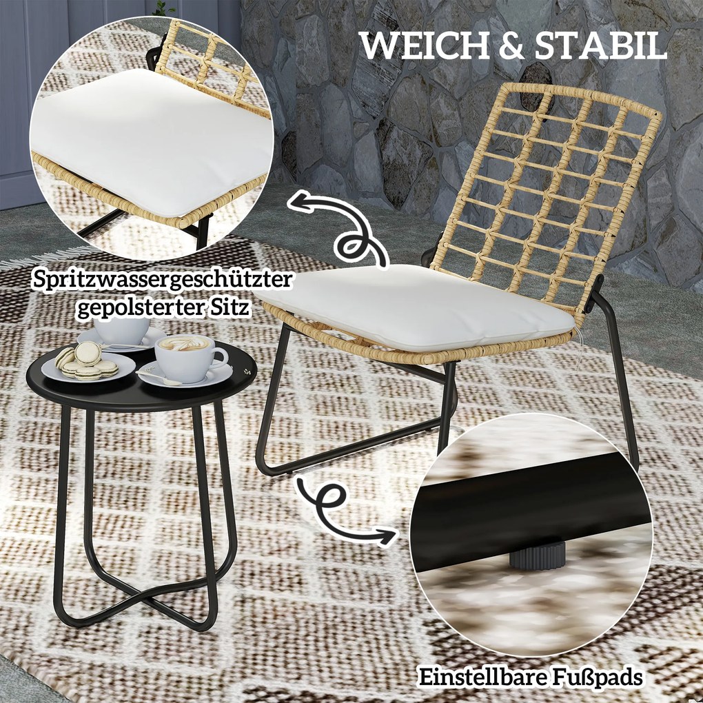 Outsunny 3dílná sada zahradního nábytku, 2 ratanové židle, 1 stůl s kovovou deskou, polštáře na sezení, bistro set, béžová a hnědá barva