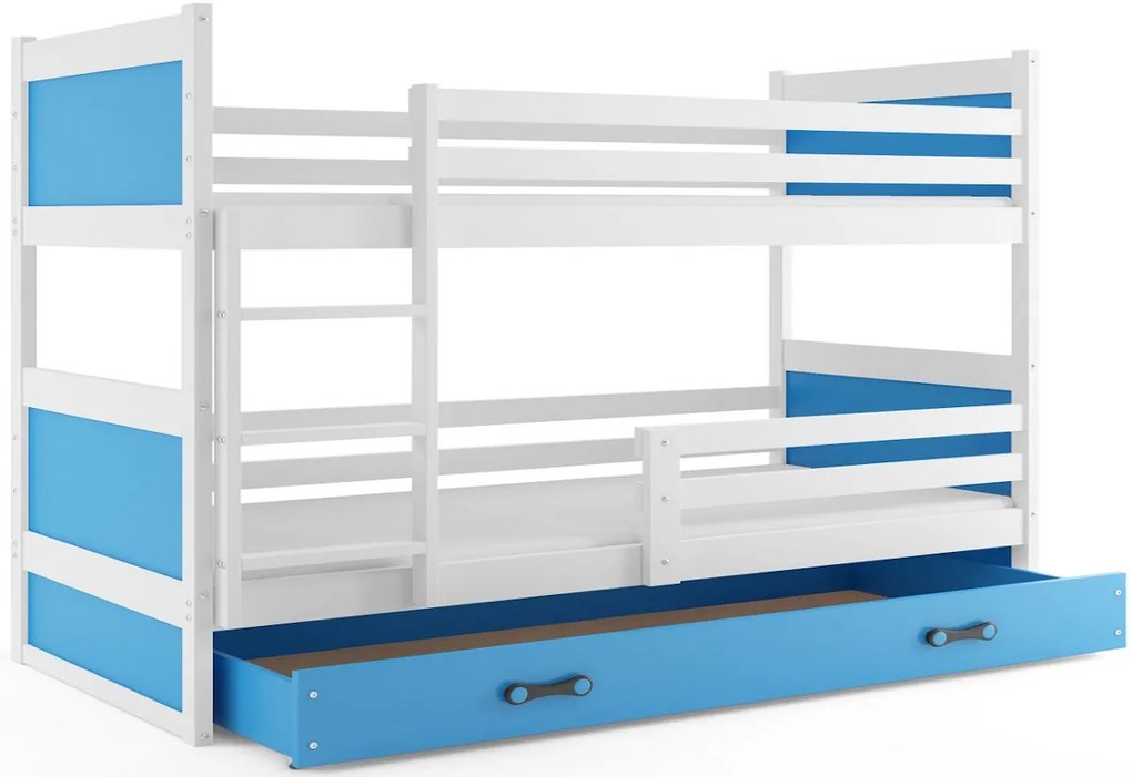 Expedo Patrová postel FIONA 2 COLOR + úložný prostor + matrace + rošt ZDARMA, 80x190 cm, bílý, blankytná