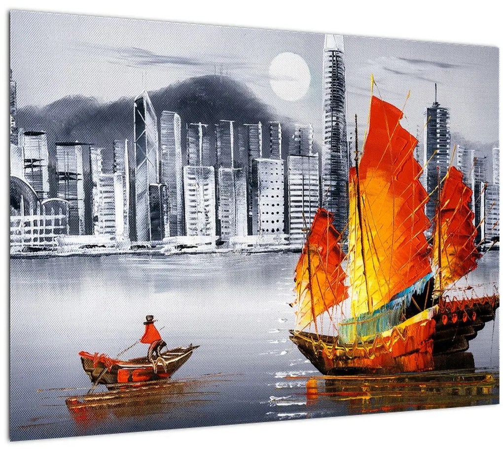 Skleněný obraz - Victoria Harbor, Hong Kong, černobílá olejomalba (70x50 cm)