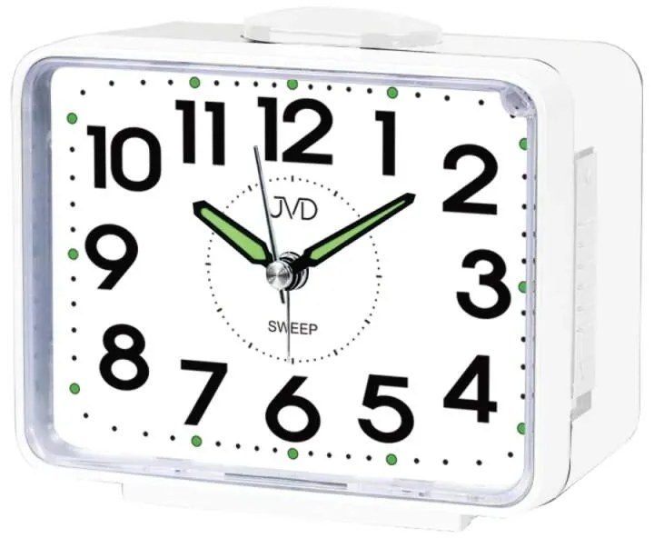 JVD Bílý tichý ručkový budík s LED osvětlením s plynulým chodem JVD SRP1101.3