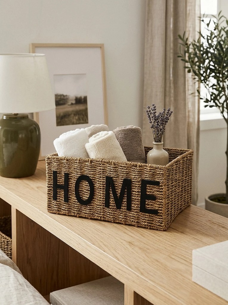 Sinsay - Pletený úložný koš s nápisem Home - béžová