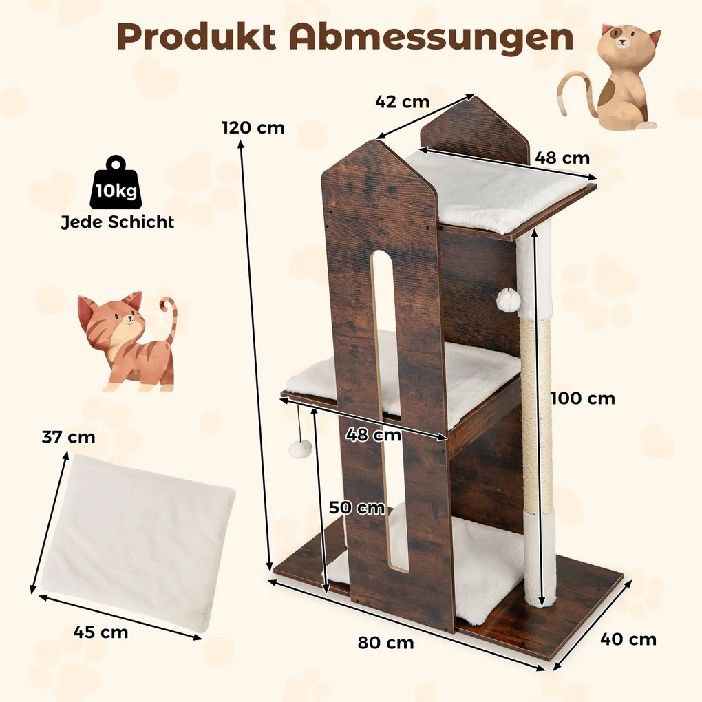 Costway 120 cm vysoké dřevěné škrabadlo pro kočky se sisalovými škrabadly
