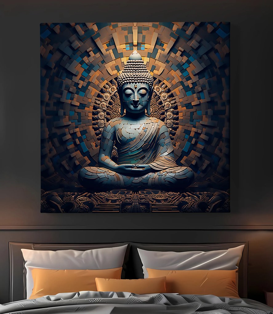 Obraz na plátně - Sedící buddha kostičková zeď FeelHappy.cz Velikost obrazu: 100 x 100 cm