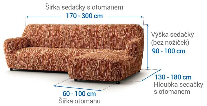 Bielastické potahy UNIVERSO NOVÉ žíhané cihlové sedačka s otomanem vpravo (š. 170 - 300 cm)