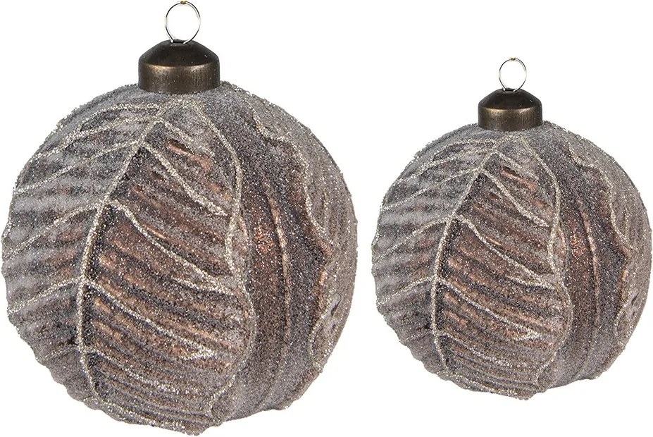 Set 2 ks bronzových skleněných vánočních koulí s motivem listů – Ø 10 cm a Ø 8 cm