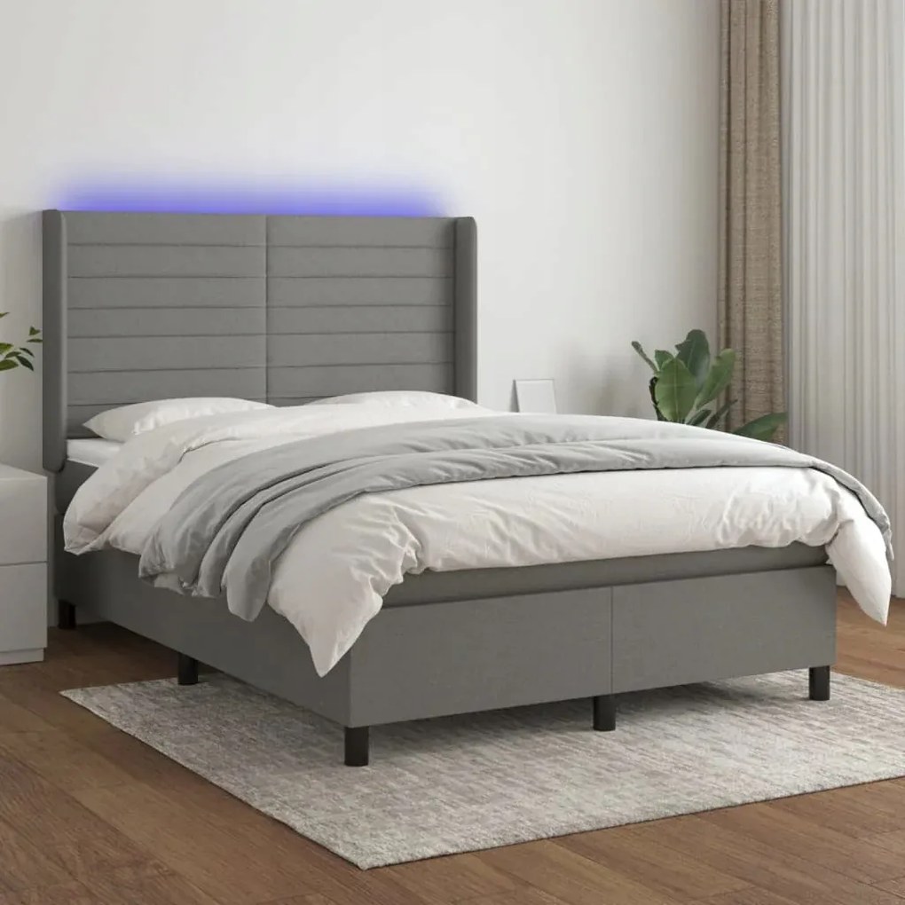 Box Spring Postel S Matrací A Led Textil Tmavě Šedá vodorovné pruhy 140 x