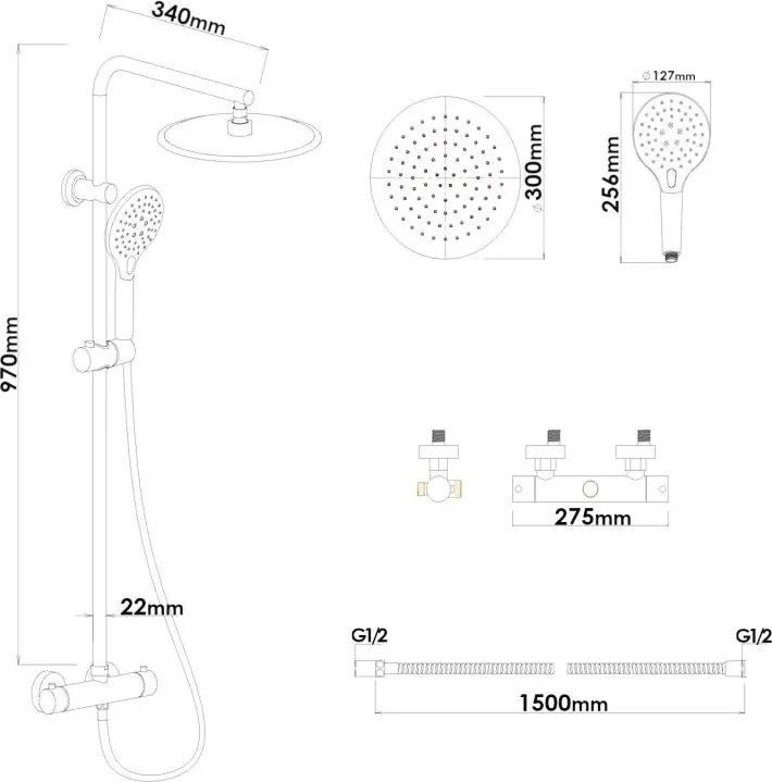 Erga Bergen, sprchový set s termostatickou baterií a dešťovou sprchou 30 cm, černá matná, ERG-YKA-BP.BERGEN THERM 30 BLK