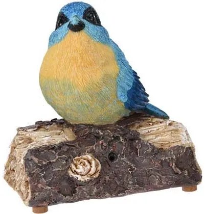 Dekorativní ptačí figurka sedící na větvi, zahradní dekorativní figurka s melodiemi