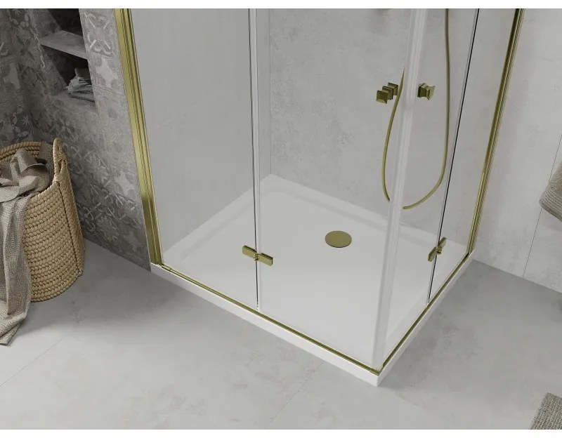 Mexen Lima Duo skládací sprchový kout 80 x 70 cm, Průhledné, Zlatá + sprchová vanička Flat - 856-080-070-50-02-4010G