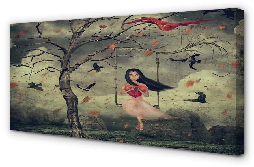 Obrazy na plátně Strom ptáci mraky dívka rocková 100x50cm