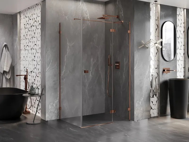 Mexen Lunar T, výklopný pravý sprchový kout 140 x 80 cm, 8mm čiré sklo, profil růžové zlato, 834T-140-080-60-00-P