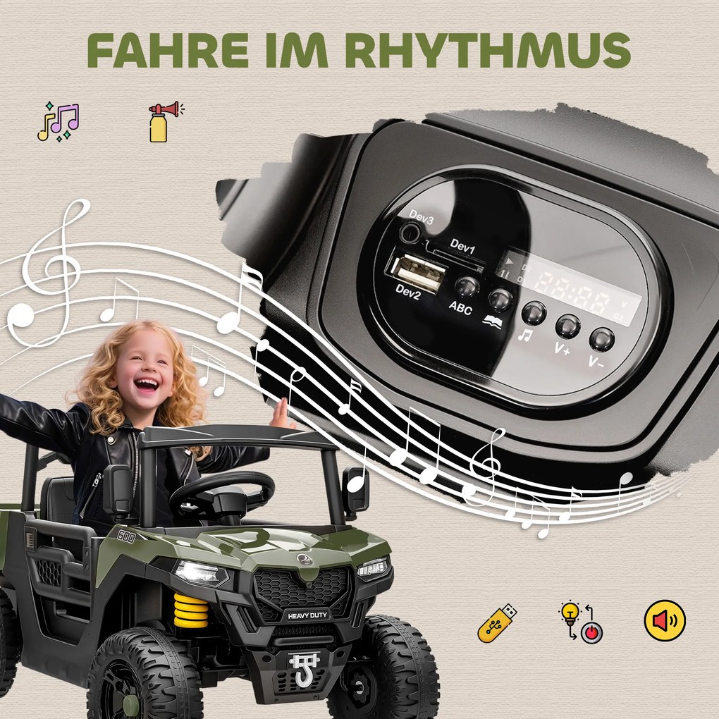 AIYAPLAY Elektrické vozidlo, 2 motory, zavazadlový prostor, design UTV, hudební funkce, zelené