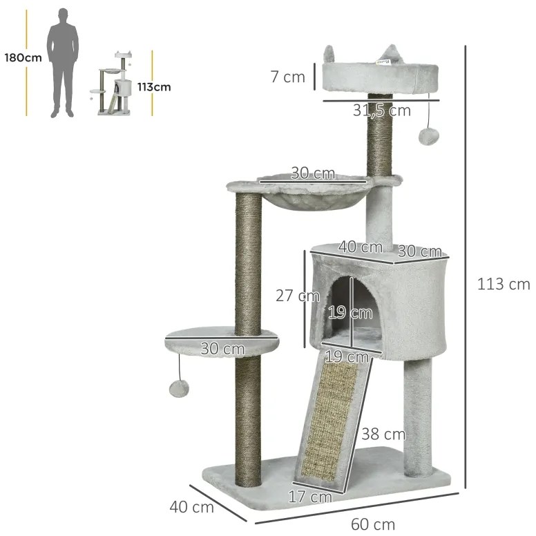 PawHut Odpočívadlo a škrabadlo pro kočky s jeskyní a vyhlídkami, světle šedé, výška 113 cm D30-565V00LG
