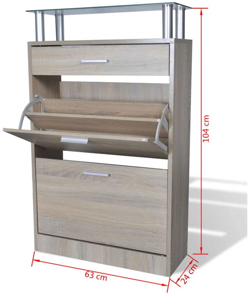 vidaXL Marketos Botník se zásuvkou a horní skleněnou poličkou dřevo vzhled dubu