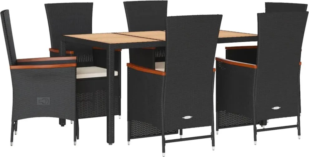 7dílný zahradní jídelní set s poduškami černý polyratan 3277511