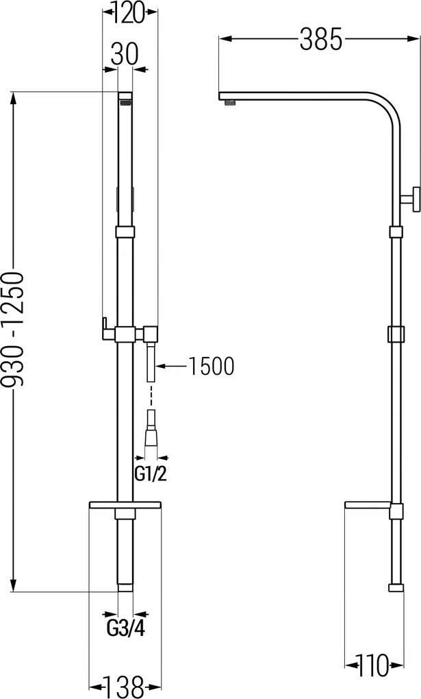 Sprchová kovová tyč s držákem na ruční sprchu, dešťovou hlavici a mýdlo MEXEN Q - 93-125 cm - chromová + hadice 150 cm, 79395-00