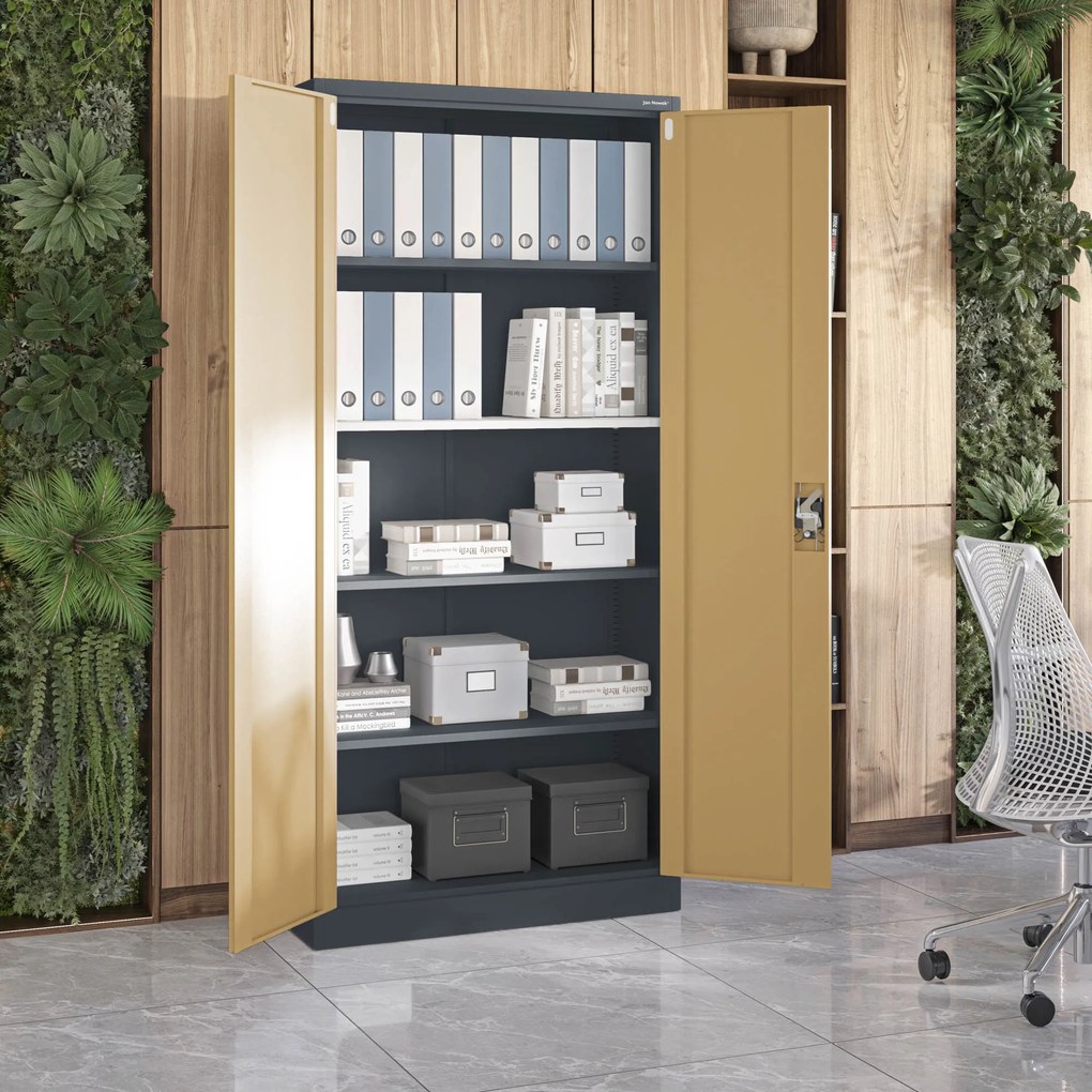 Vysoká kovová kancelářská skříň na dokumenty, antracit/ořech, 900x1950x400 mm: JAN H Eco Design