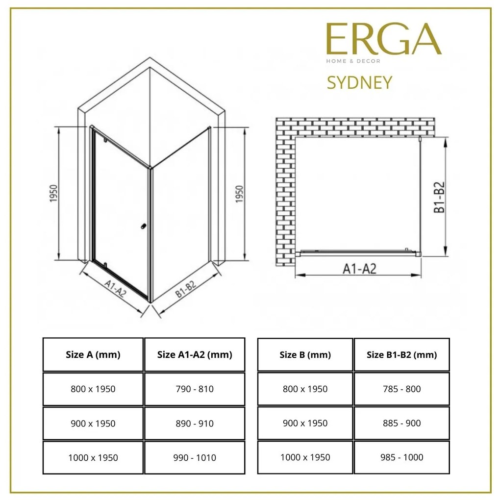 Erga Sydney, sprchový kout s 1-křídlými dveřmi 90(dveře) x 90(stěna) x 195 cm, 6mm čiré sklo, chromový profil, ERG-V02-SYDNEY-D090G090-CR