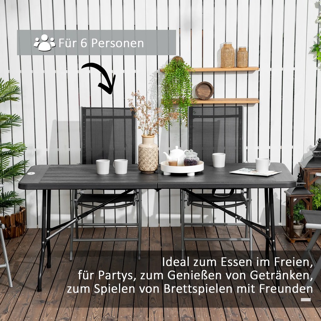Outsunny skládací zahradní stůl pro 6 osob, bufetový stůl s ocelovým rámem, terasový stůl vzhled dřeva 180 x 75,5 x 73 cm, tmavě šedý