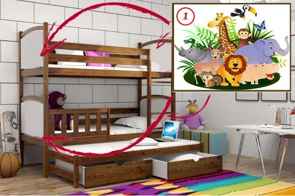 Vomaks Patrová postel s výsuvnou přistýlkou PPV 005 - 01) Safari 180 cm x 80 cm Bezbarvý ekologický lak
