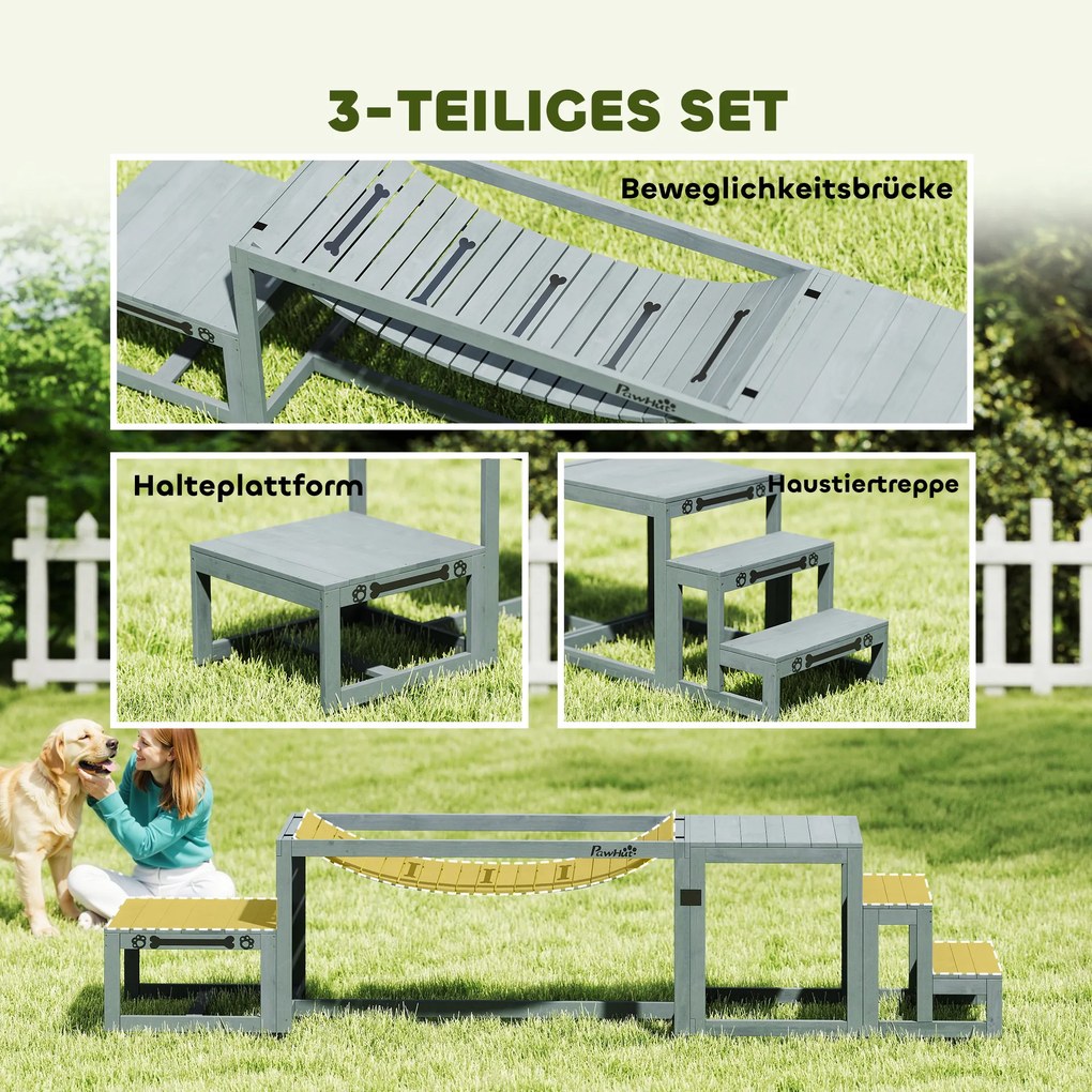 Agility set pro psy 3dílná sada agility vybavení s mostem, schůdky, plošinou, jedlové dřevo, 117 x 50 x 56 cm, šedá barva